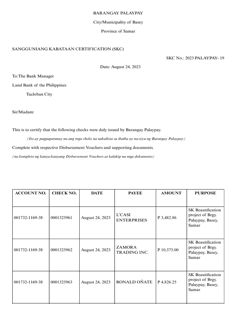 SK Certification for Barangay Palaypay | PDF