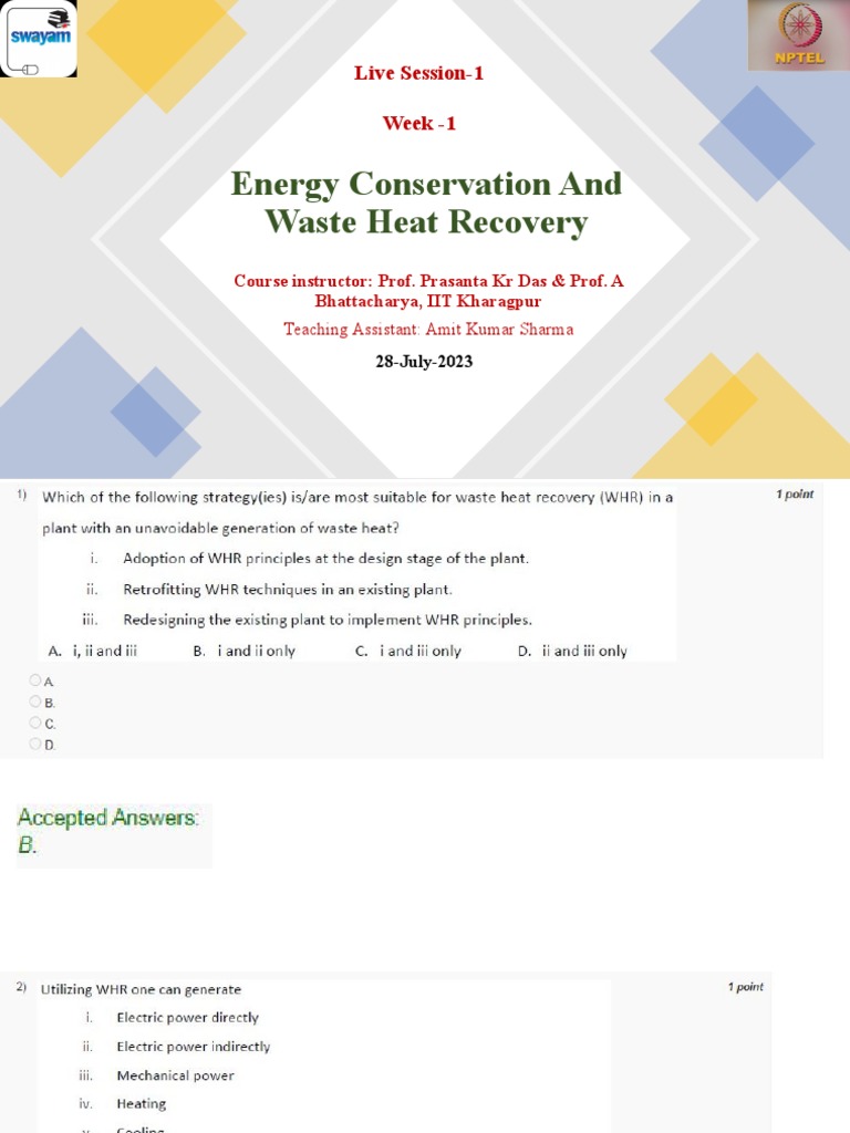 Week 1 - Energy Conservation and Waste Heat Recovery - NPTEL | PDF