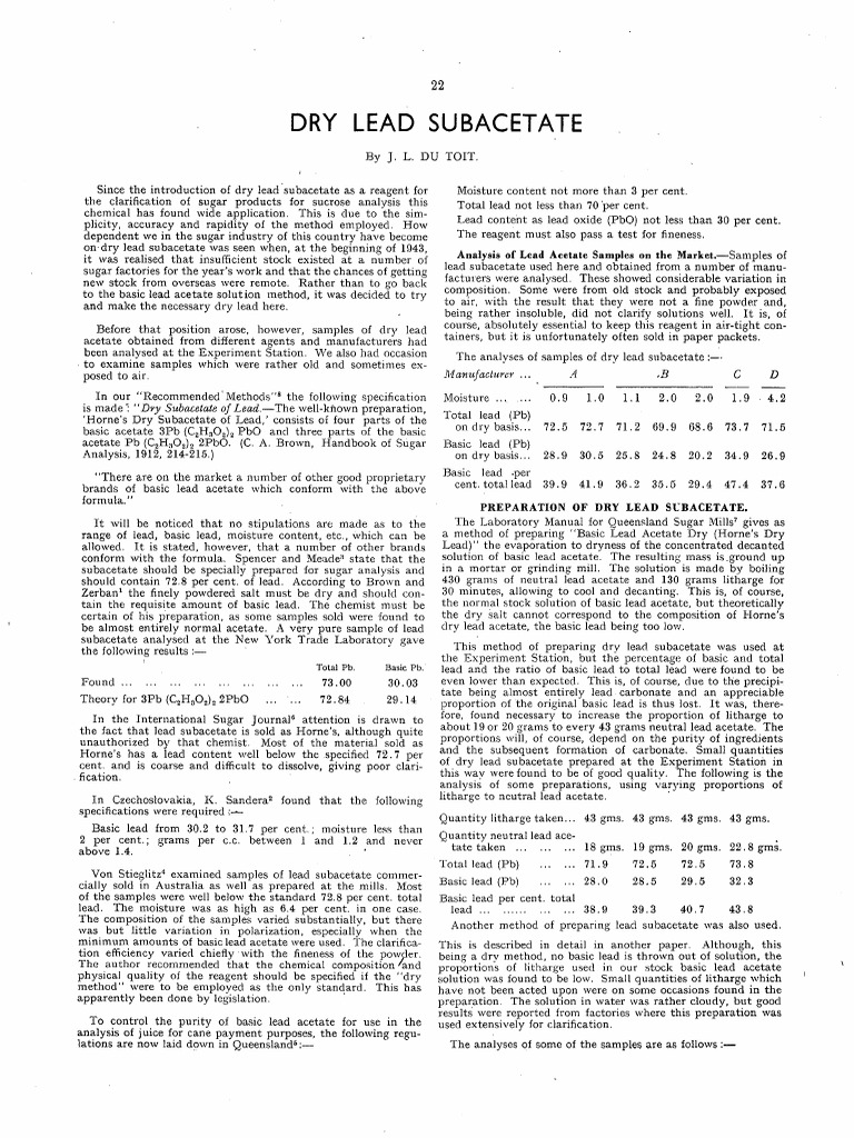 1944 - Du Toit - Dry Lead Subacetate | PDF | Lead | Titration