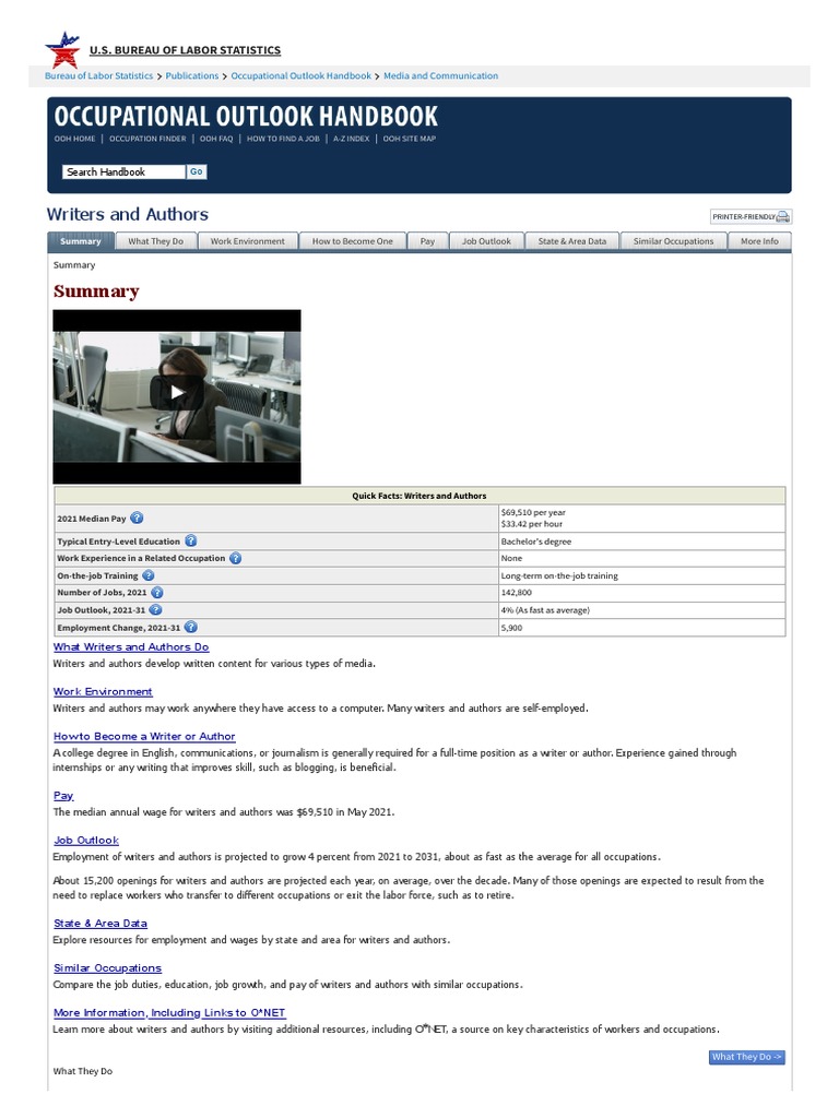 Writers and Authors - Occupational Outlook Handbook - U.S. Bureau of ...