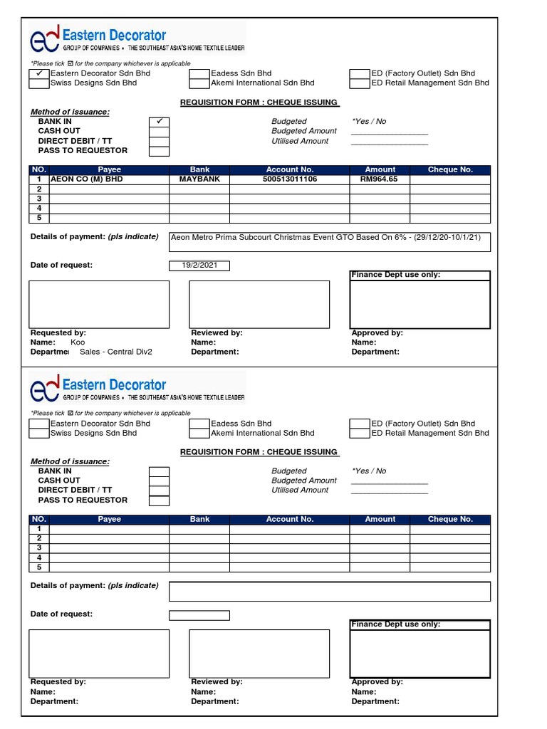 Aeon MP Payment Request | PDF | Payments | Cheque
