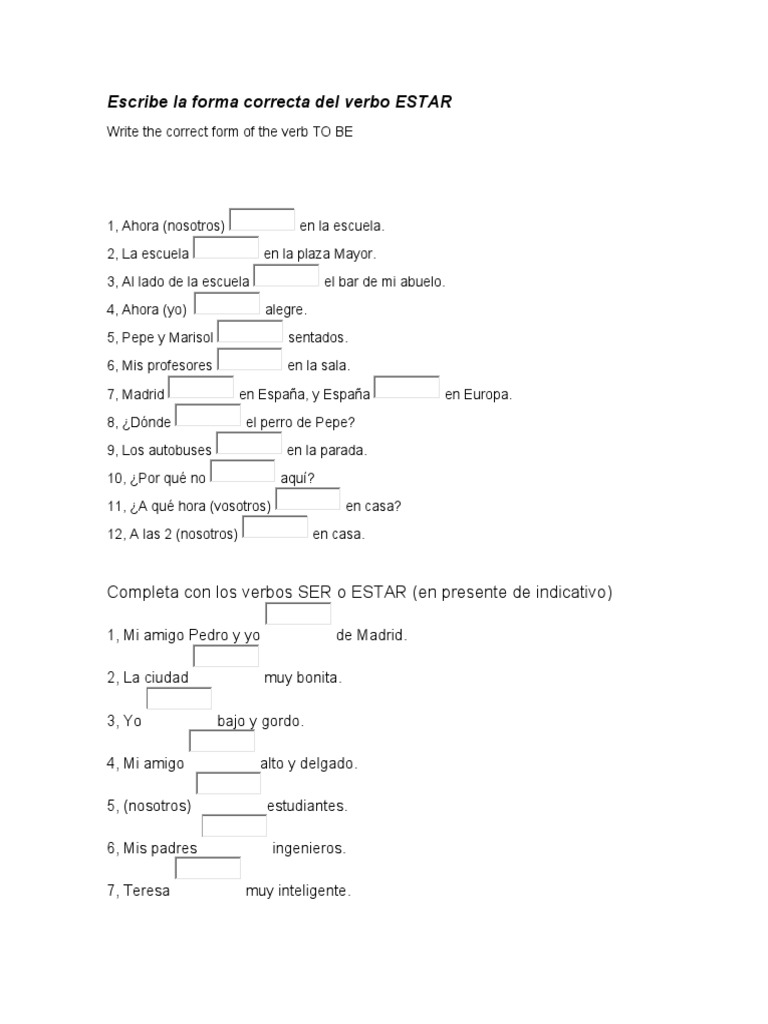 Escribe La Forma Correcta Del Verbo ESTAR | PDF