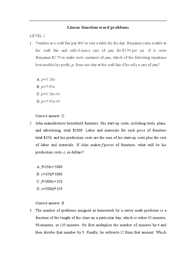 Linear Function Word Problems Question and Answers KA | PDF | Speed ... Linear Function Word Problems Question and Answers KA | PDF | Speed ...
