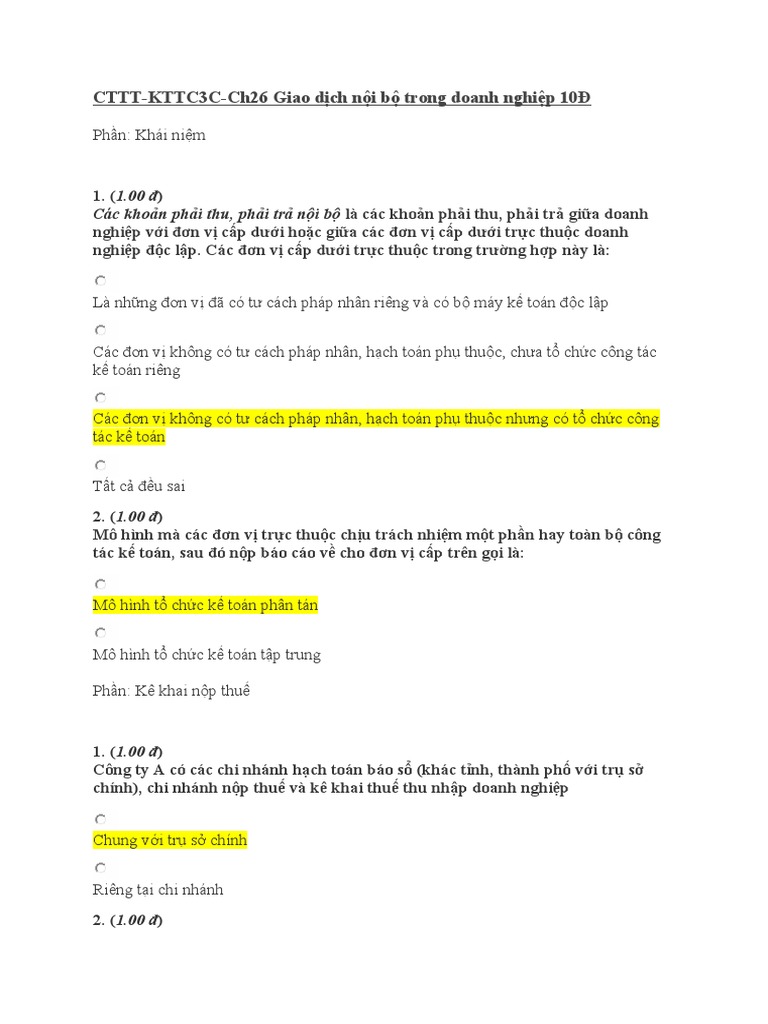 CTTT-KTTC3C-Ch26 Giao dịch nội bộ trong doanh nghiệp 10Đ | PDF