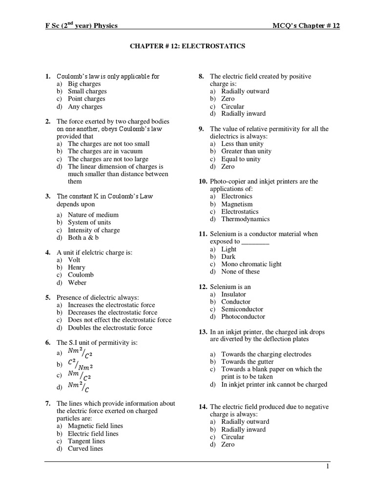 MCQ's Chap 12 | PDF | Electric Field | Capacitor