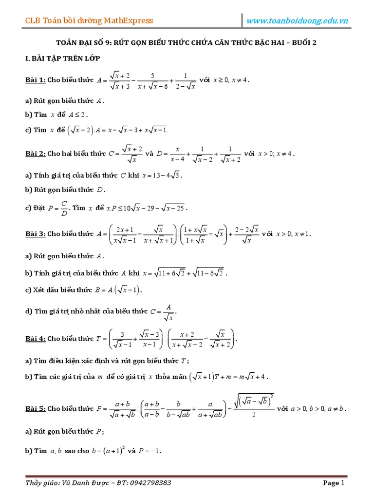 9A1 - Rut Gon Bieu Thuc Chua Can Thuc Bac Hai-Buoi 2 | PDF