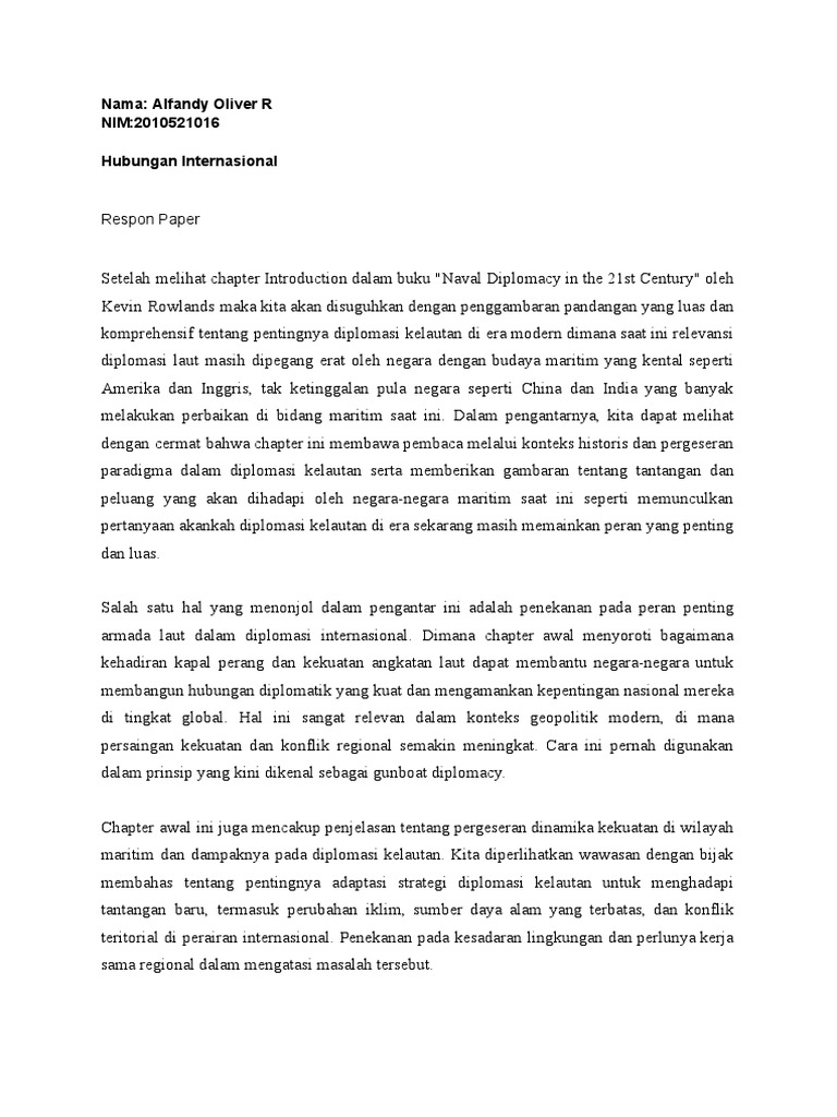Tugas Respon Paper Maritime Studies (Naval Diplomacy in 21st Century) | PDF