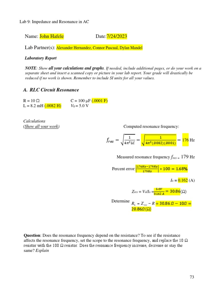 Lab9-AC Circuits | PDF | Electrical Impedance | Resonance
