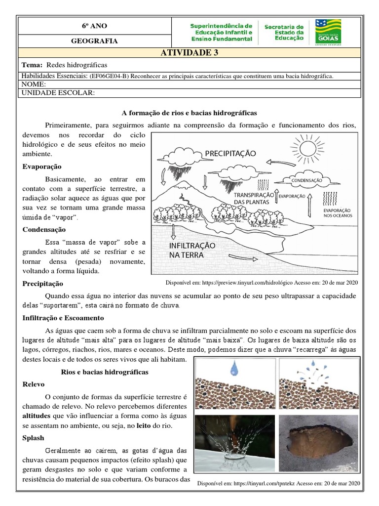 6o GEO Atividade 3 A Formacao de Rios e Bacias Hidrograficas | PDF | Água | Rio