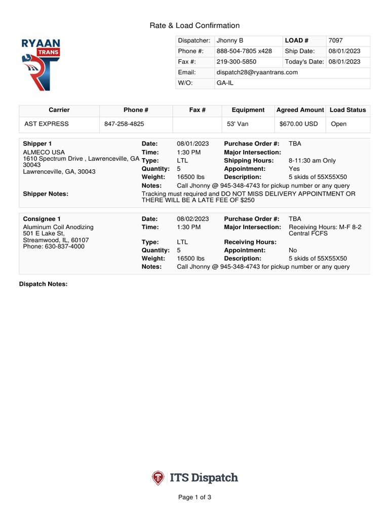 Load - Confirmation - 7097 (GA-IL) | PDF