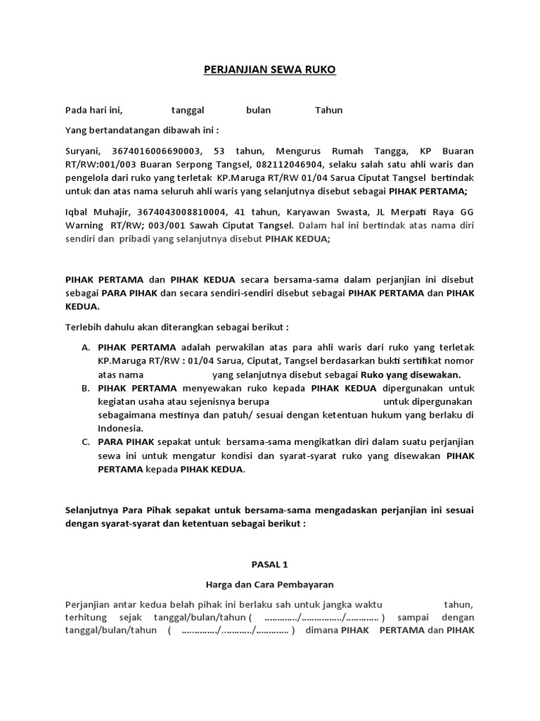 Perjanjian Sewa Ruko di Ciputat | PDF