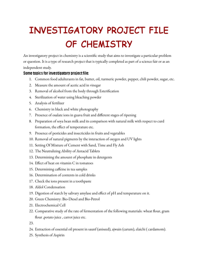 INVESTIGATORY PROJECT FILE OF CHEMISTRY | PDF | Chemistry