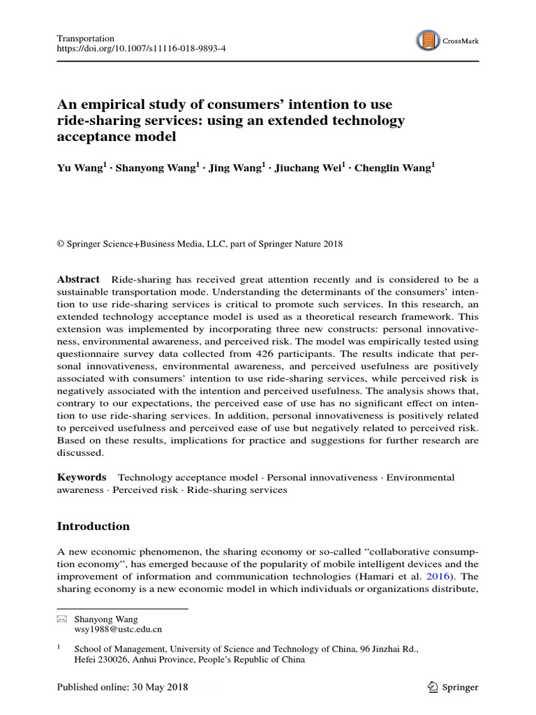 Article An Empirical Study of Consumers' Intention To Use Ride-Sharing ...