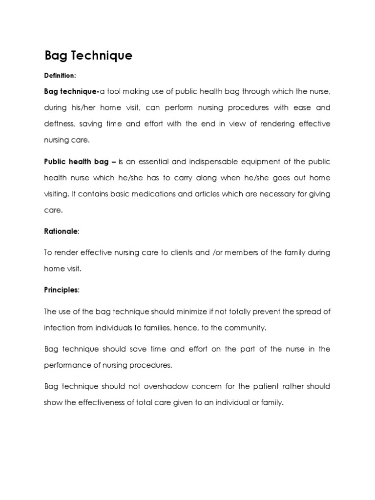 Overview of Bag Technique in Nursing | PDF | Hand Washing | Medicine