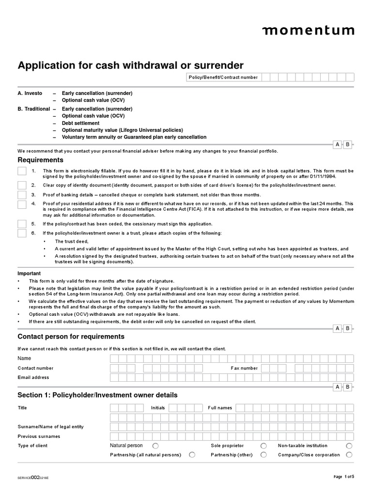 application-for-cash-withdrawal-or-surrender | PDF | Insurance | Prices
