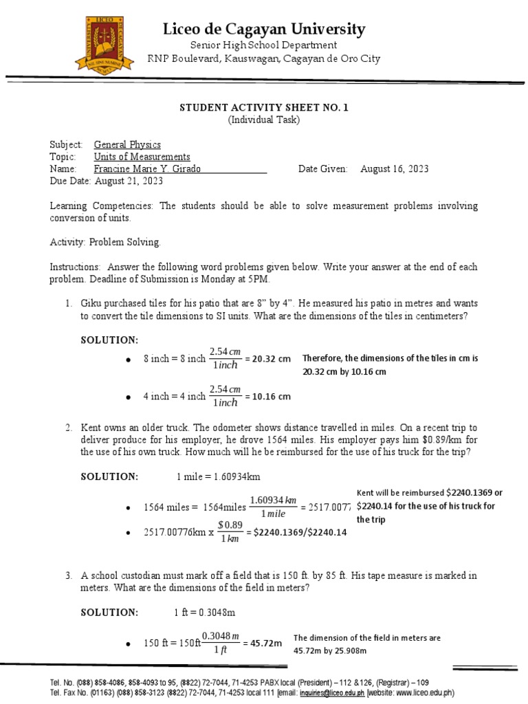 Physics Measurement Problem Solving Sheet | PDF | Science | Units Of ...
