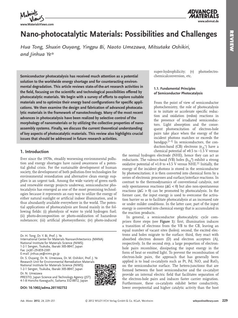 2012-Nano-Photocatalytic Materials Possibilities and Challenges | PDF | Band Gap | Semiconductors