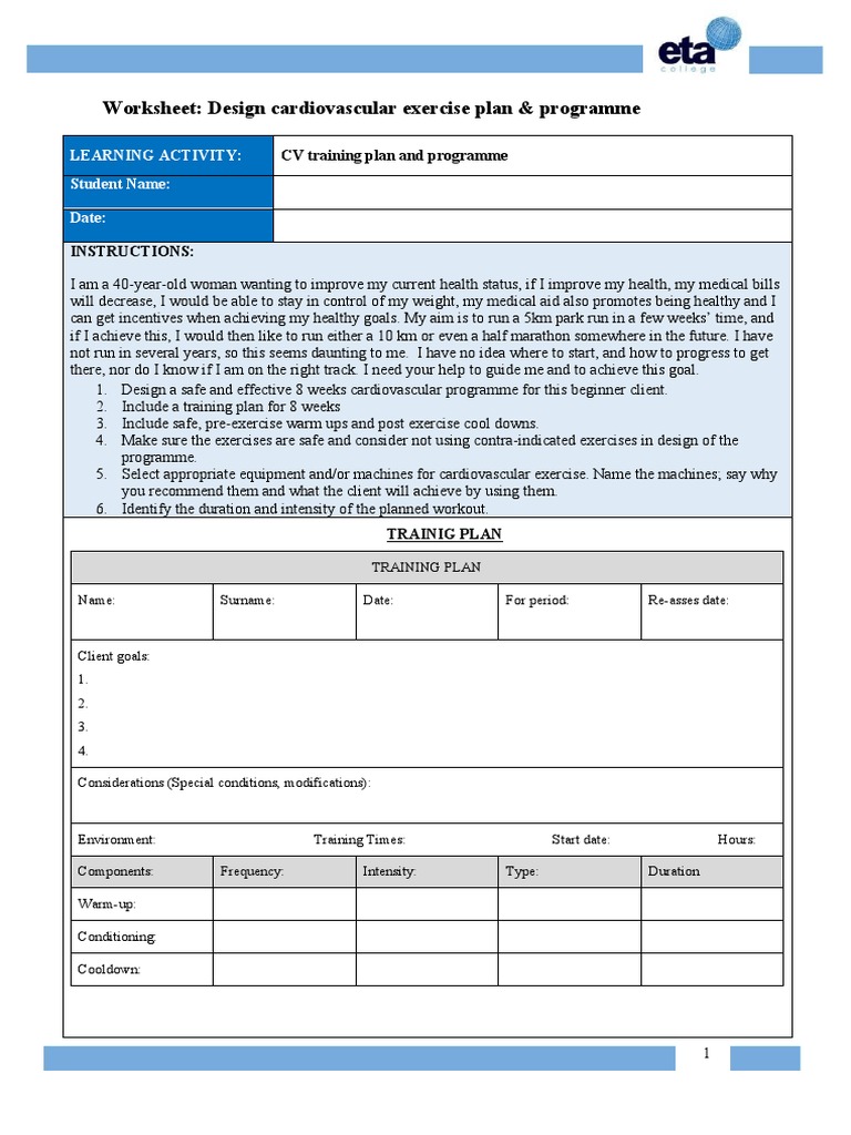 Worksheet Cardiovascular Training Plan and Programme | PDF