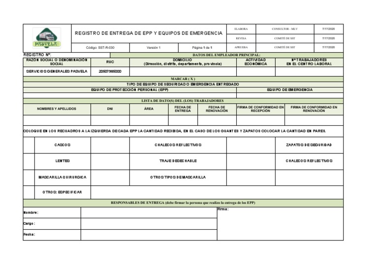 SST-R-030 Formato 6 - Registro de Entrega de EPP y Equipos de Emergencia PASVELA | PDF