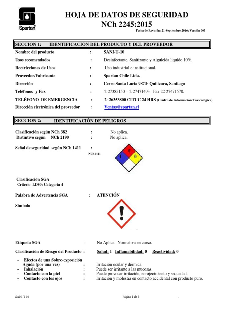 Sani T Hoja de Seguridad | PDF | Agua | Solubilidad