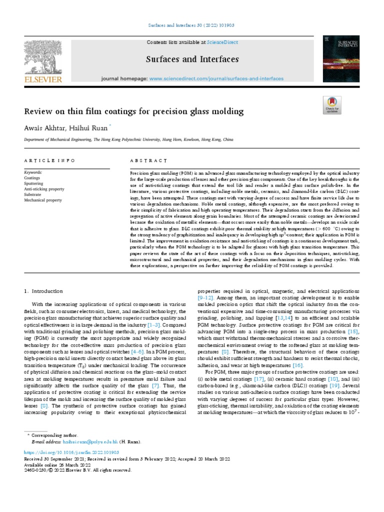 Review On Thin Film Coatings For Precision Glass Molding | PDF | Thin ...