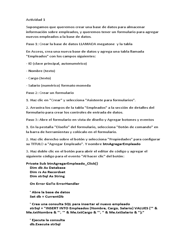 Ejercicio Visual Basic Access Empleados | PDF | Bases de datos | SQL