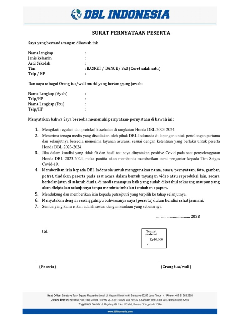 Surat Pernyataan Peserta DBL | PDF