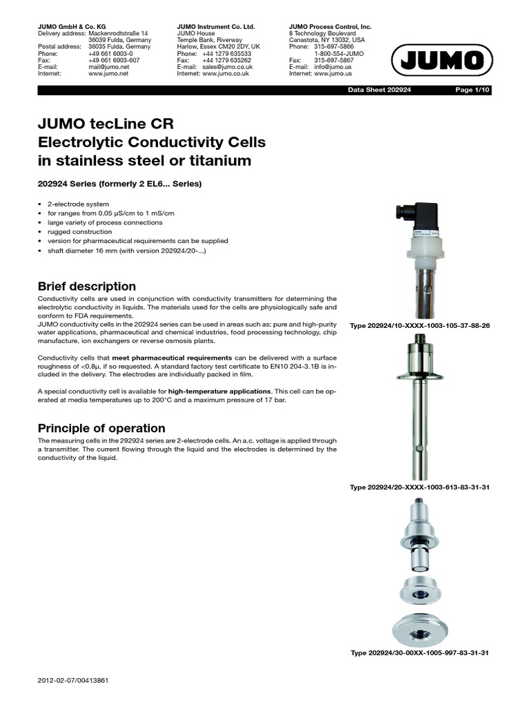 Jumo Tecline CR Electrolytic Conductivity Cells in Stainless Steel or Titanium | PDF