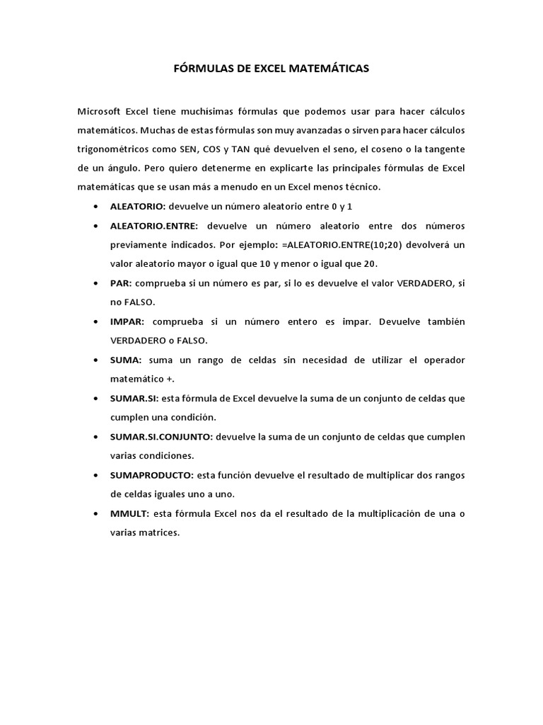 Fórmulas de Excel | PDF | Microsoft Excel | Multiplicación