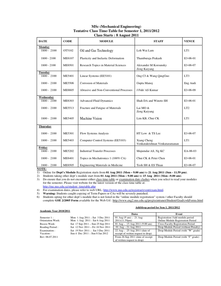 MSc Mechanical Engineering Timetable 2011 | PDF