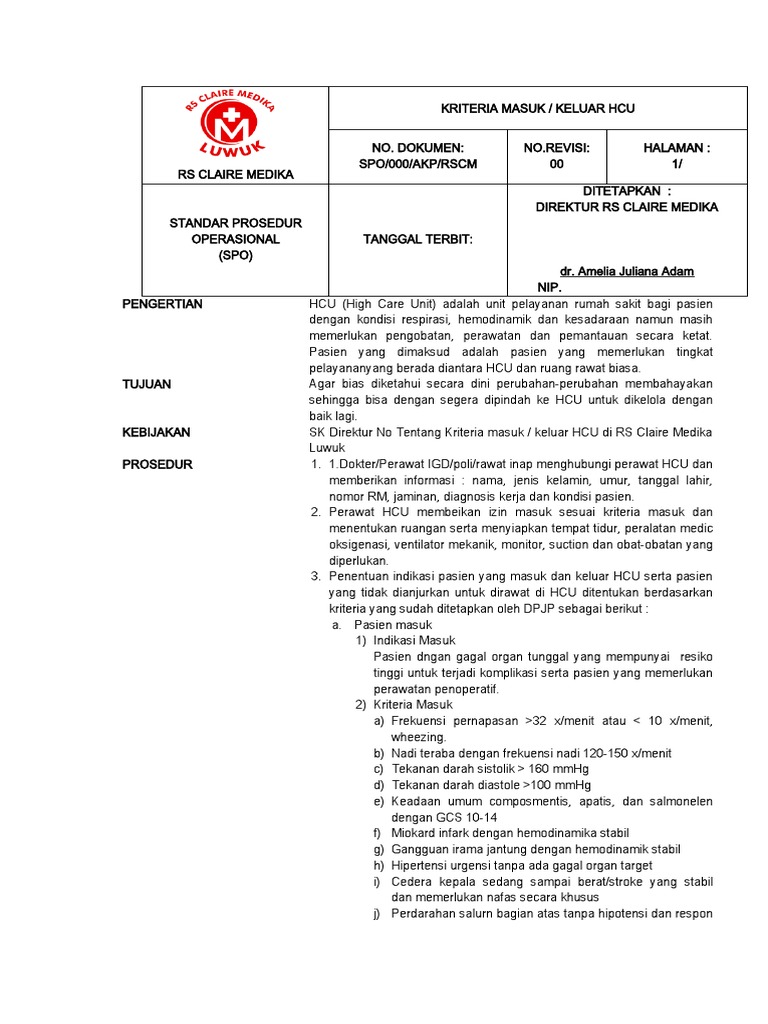 SPO Kriteria Masuk HCU | PDF