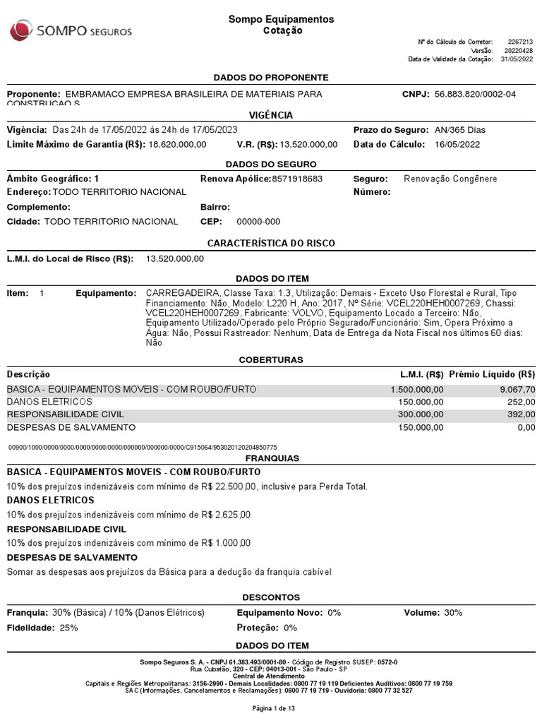 Rel Cotacao Eqpto YSRNovo Sompo | PDF | Seguro | Business