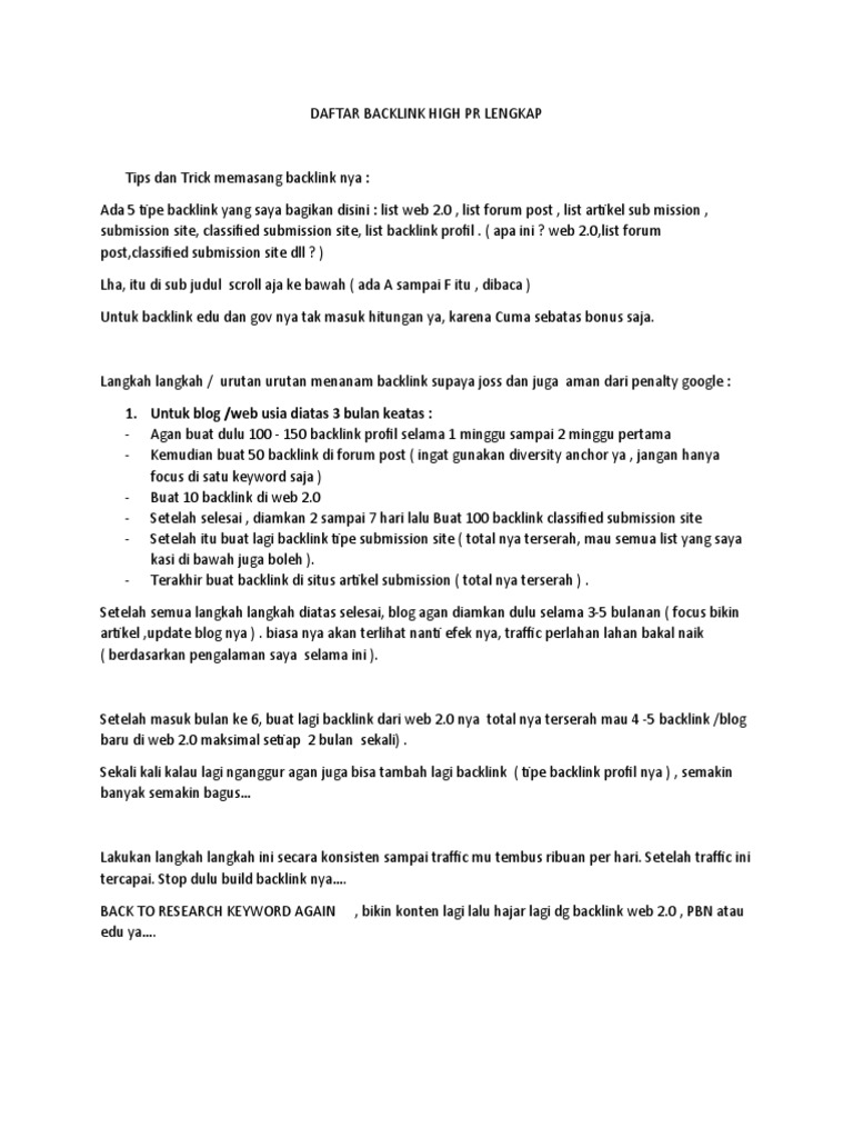 DAFTAR 900 Lebih BACKLINK HIGH PR LENGKAP | PDF