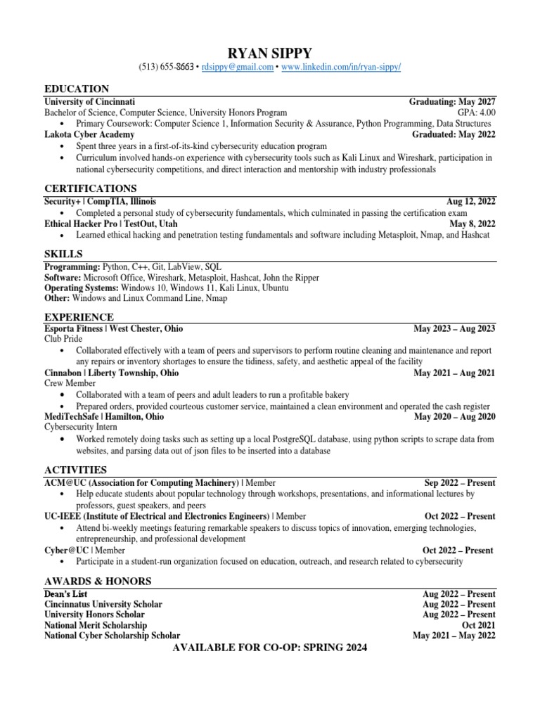Sippy Ryan Resume 2023 | PDF | Computer Security | Security