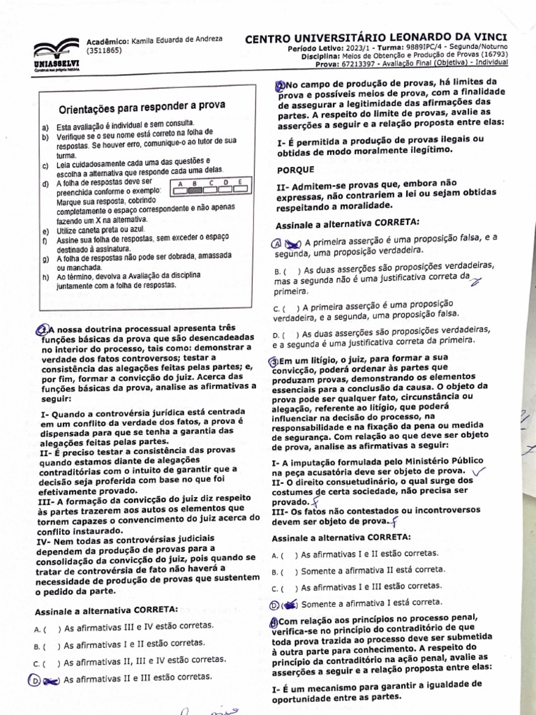 prova meio de obtenção e produção de prova Uniasselvi | PDF