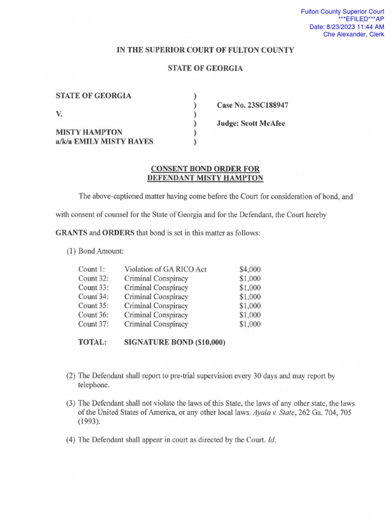 Consent Bond Order for Misty Hampton | PDF | Bail | Political Law