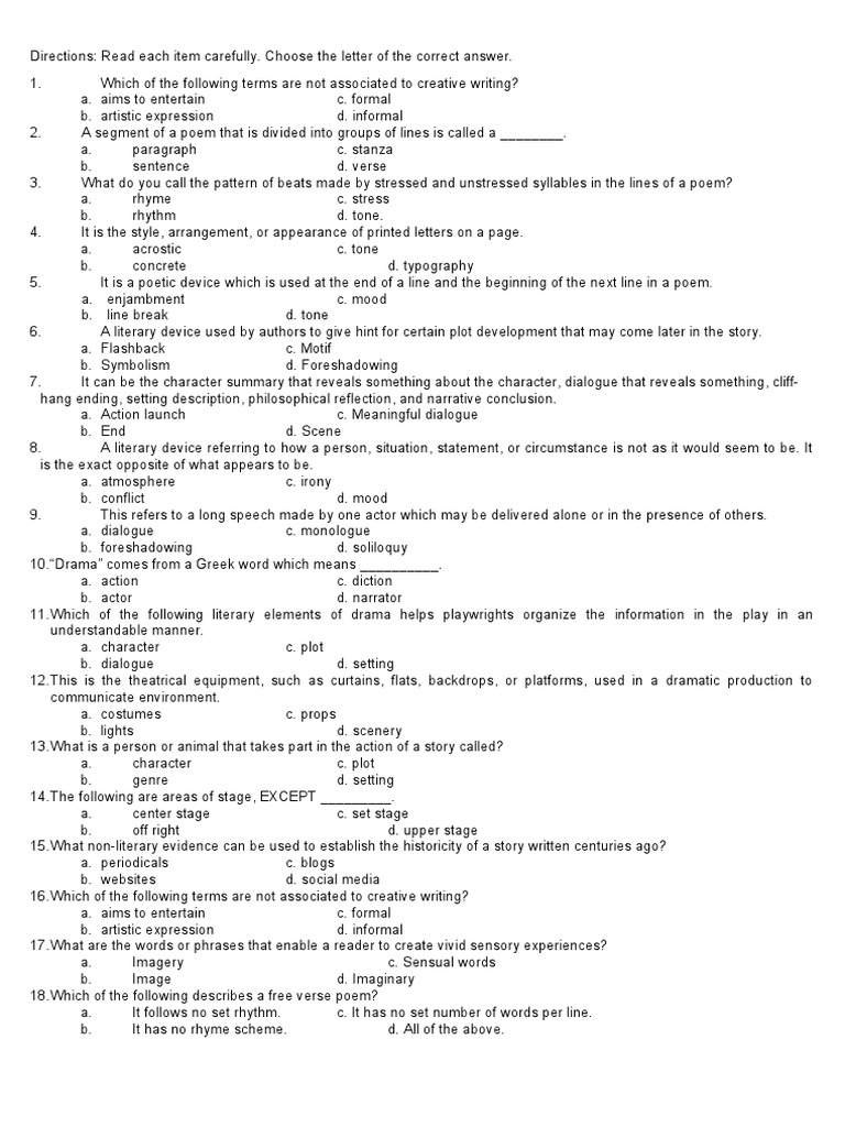 Grade 12 Creative Writing Test Questions | PDF
