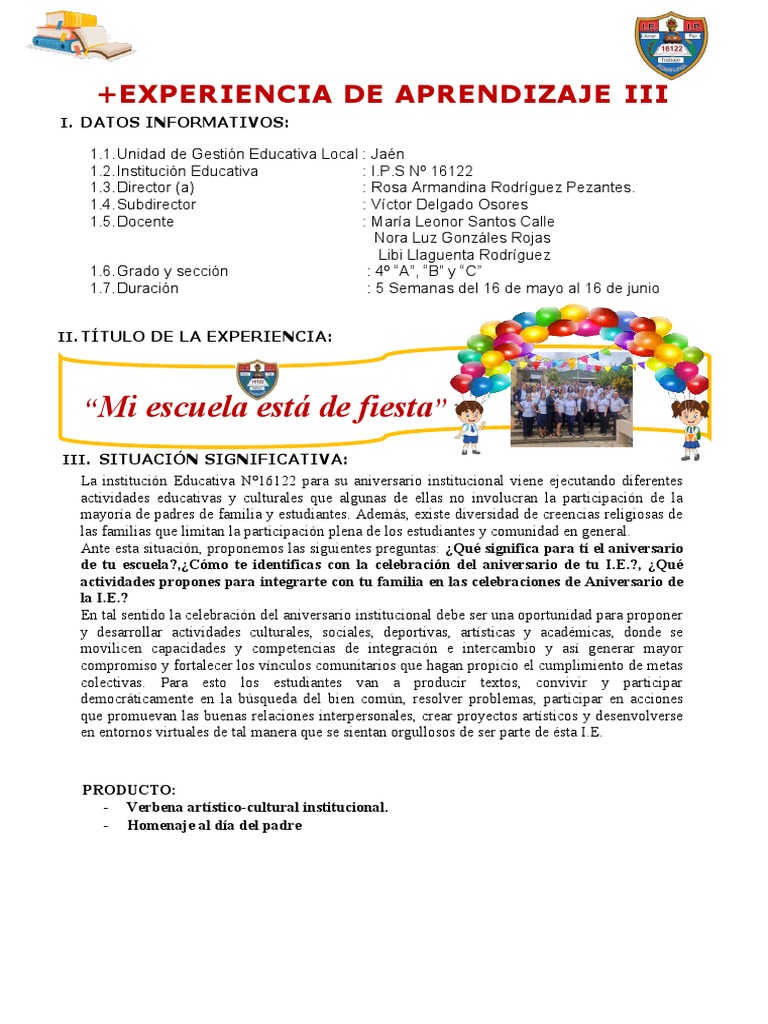 Experiencia de Aprendizaje III - 4ºB Grado | PDF | Sustracción | Evaluación