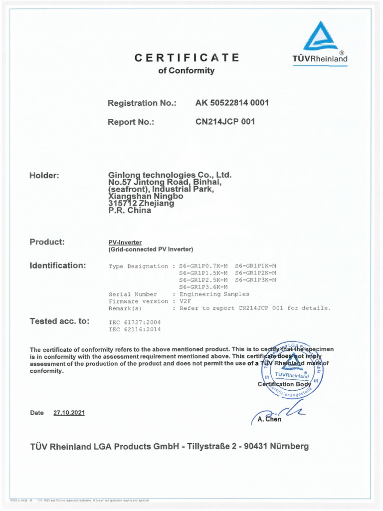Solis_certificate_IEC 61727&IEC 62116_S6-GR1P(0.7-3.6)K-M_IND_V01 | PDF