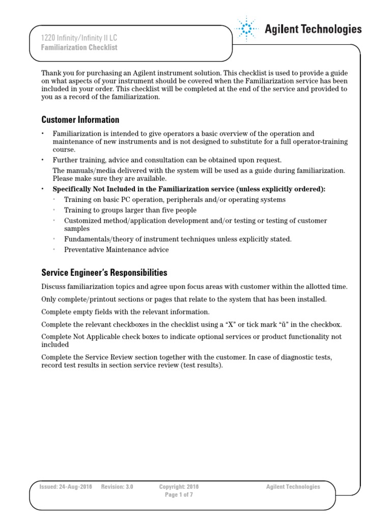 1220Infinity-Infinity2-LC_Familiarization_Checklist | PDF | Pump | Valve