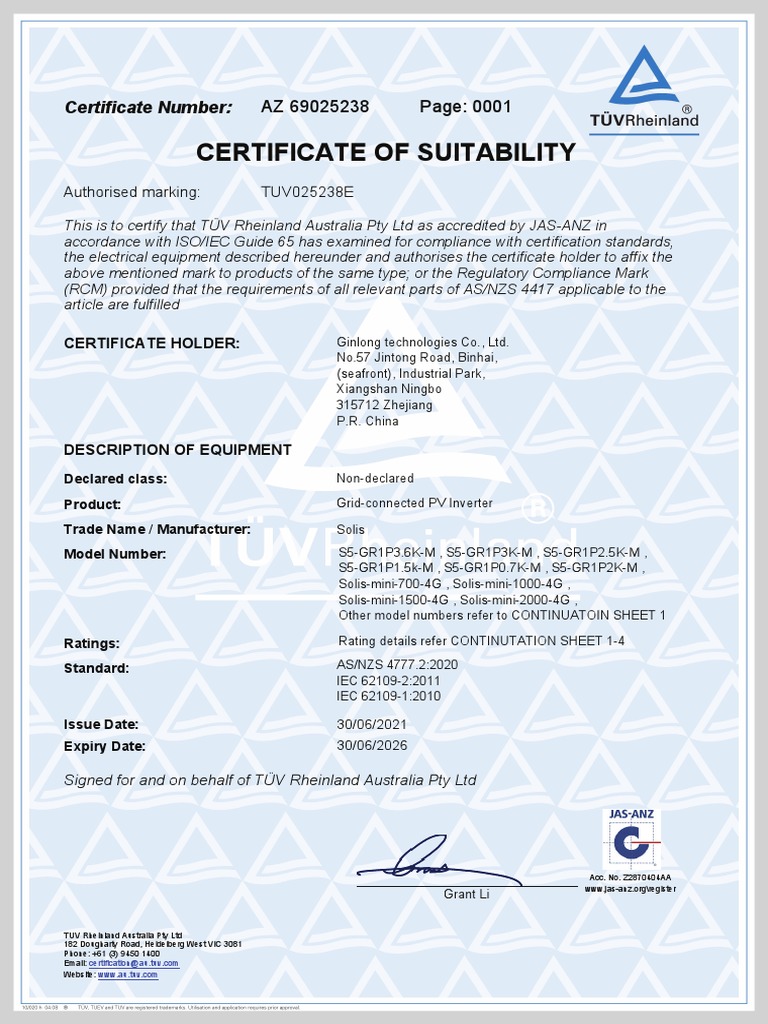 Solis - Certificate - AS 4777.2-2020&IEC 62109-1 (-2) - Mini - (700 ...