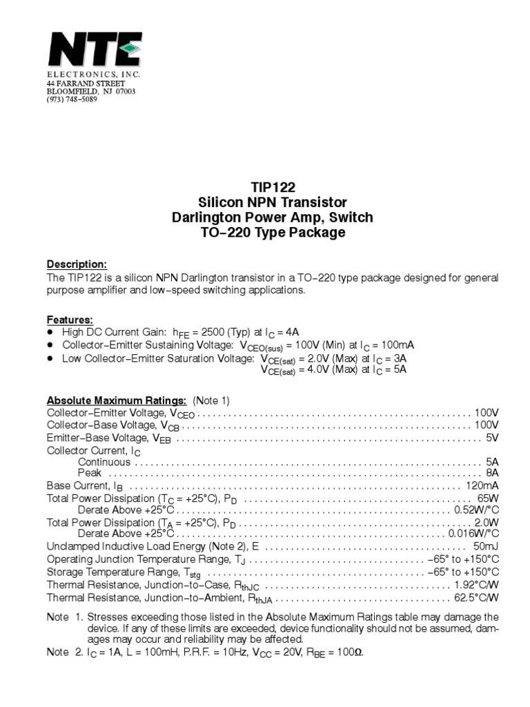 TIP122 | PDF | Bipolar Junction Transistor | Semiconductors