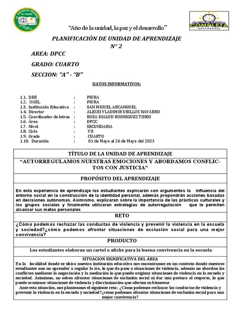 Unidad de Aprendizaje N°2 DPCC | PDF | Aprendizaje | Evaluación