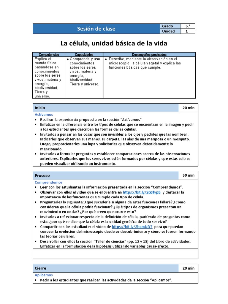 Sesión de Aprendizaje - La Célula y Sus Partes - 5to | PDF | Biología ...
