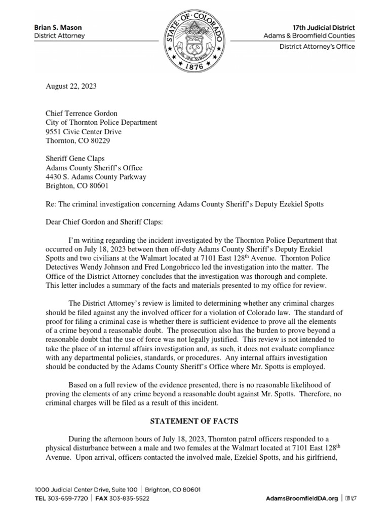 District Attorney Brian Mason's Decision Letter Regarding Adams County ...