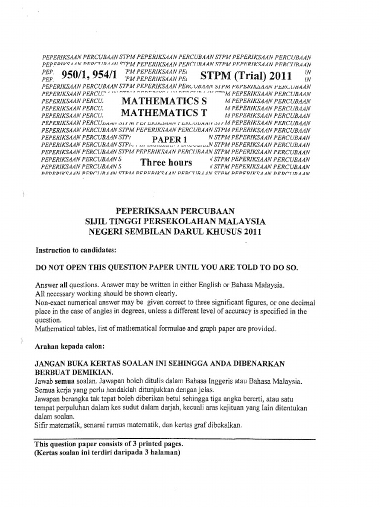 STPM Maths S T P1 2011 | PDF | Matrix (Mathematics) | Cartesian ...