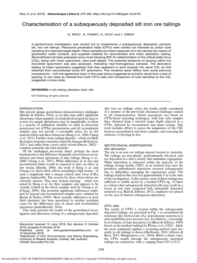 Reid Et Al. (2018) Characterisation of A Subaqueously Deposited Silt Iron Ore Tailings | PDF