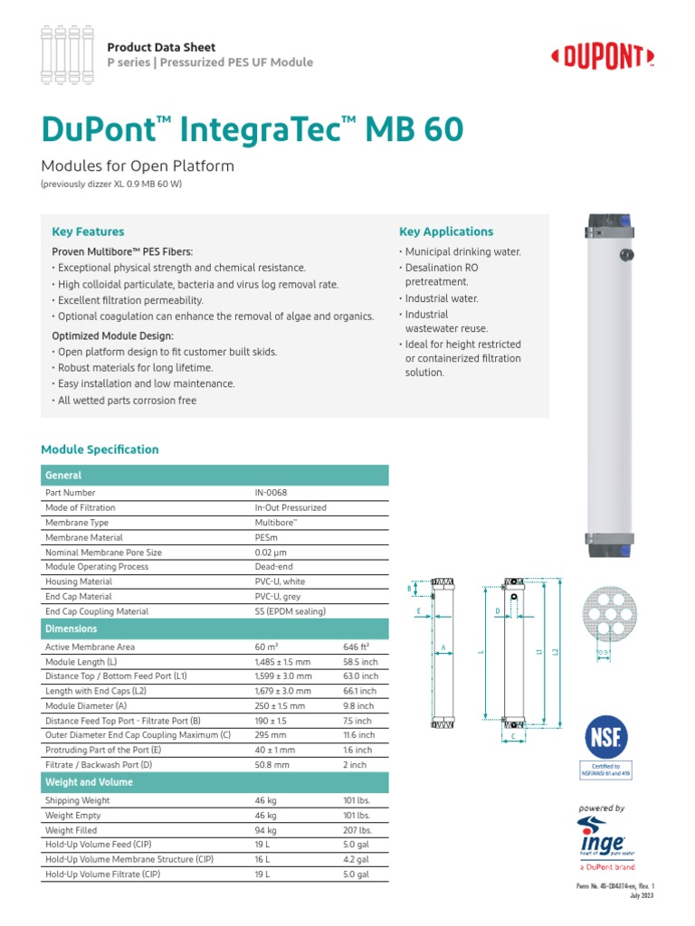 UF IntegraTec P Series PES IO MB 60 OP PDS 45 D04374 en | PDF | Membrane | Chemistry
