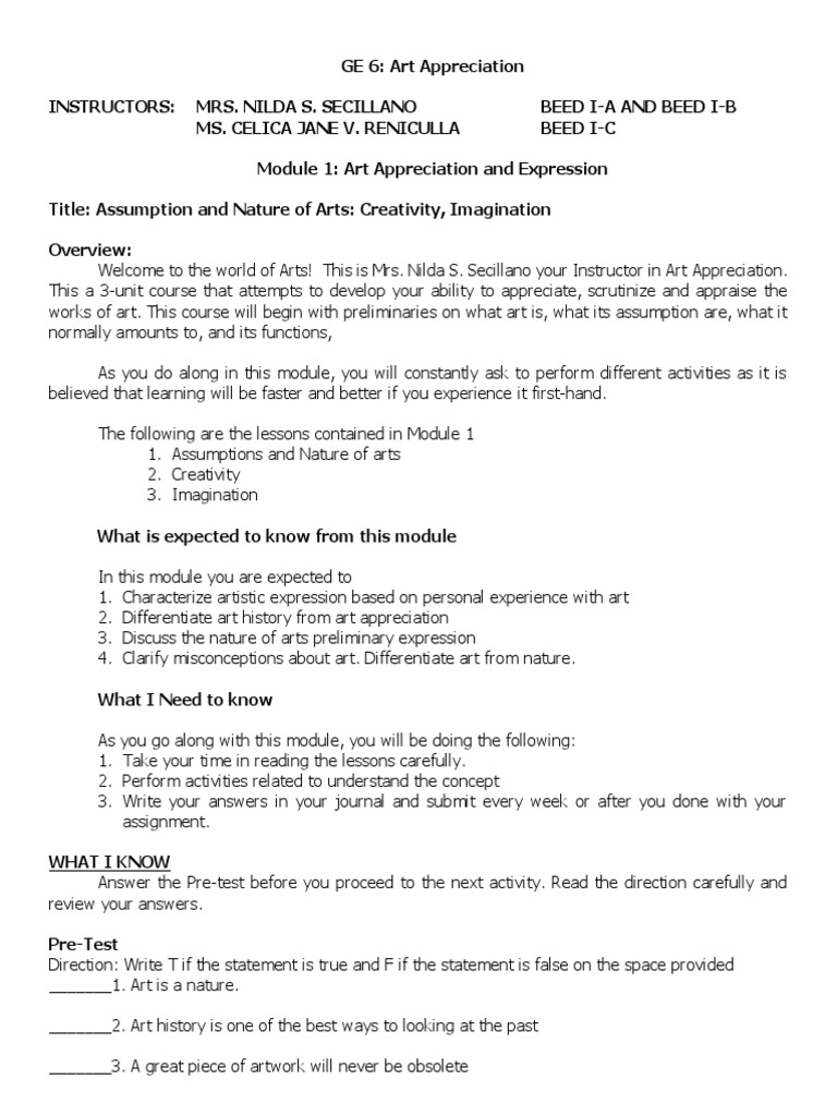 Art Appreciation and Expression-M1 | PDF | Experience | Imagination