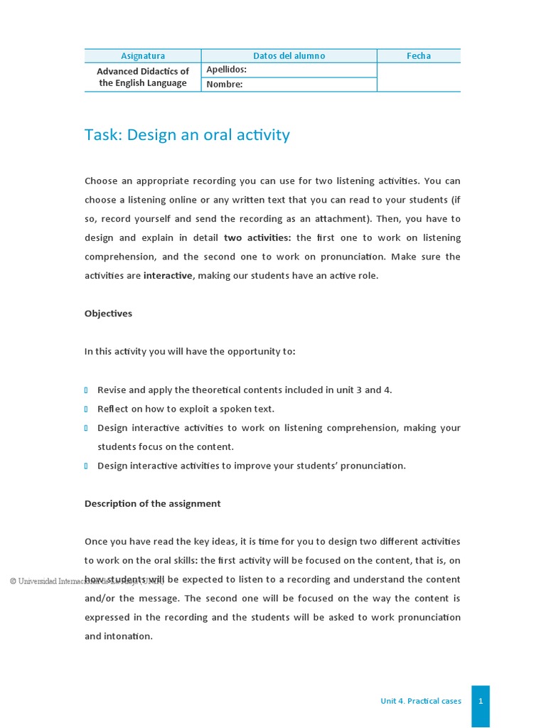 Task: Design An Oral Activity | PDF | Behavior Modification | Cognitive Science